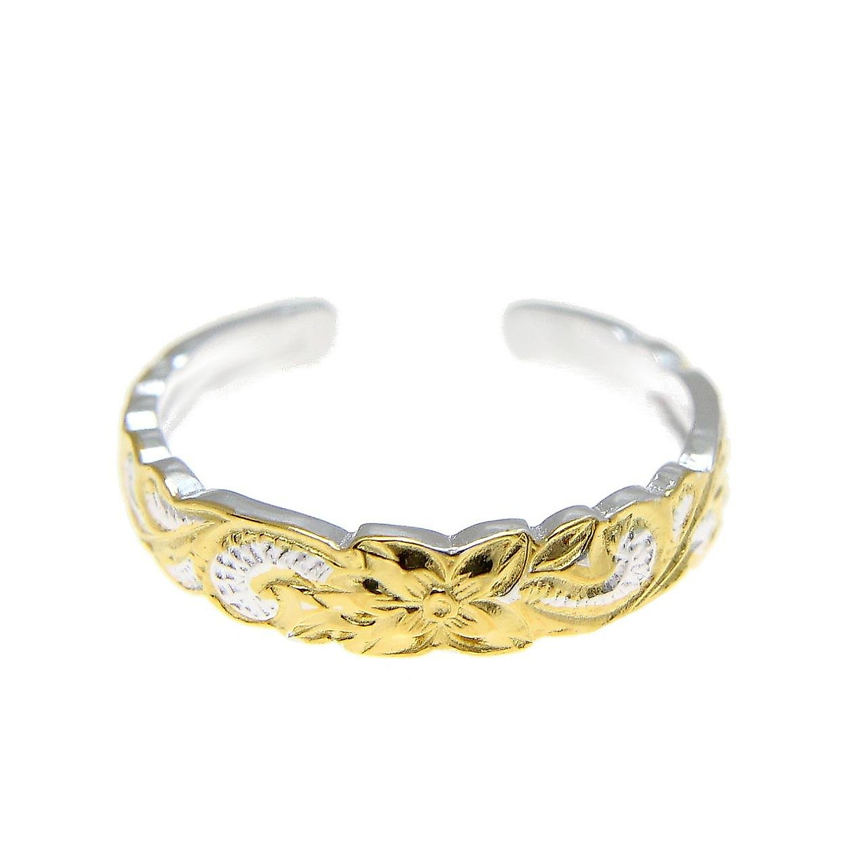 Arthur's Jewelry 925 sterling silver 2 tone yellow gold plated Hawaiian plumeria flower scroll 4mm cut out open toe ring