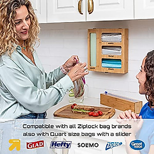 PANOI Ziplock Bamboo Storage Baggie Organizer, Wrap Dispenser with Slide Cutter, Sticker Labels - Hanging Kitchen or drawer for Gallon, Quart, Sandwich, Snack Plastic Bags.