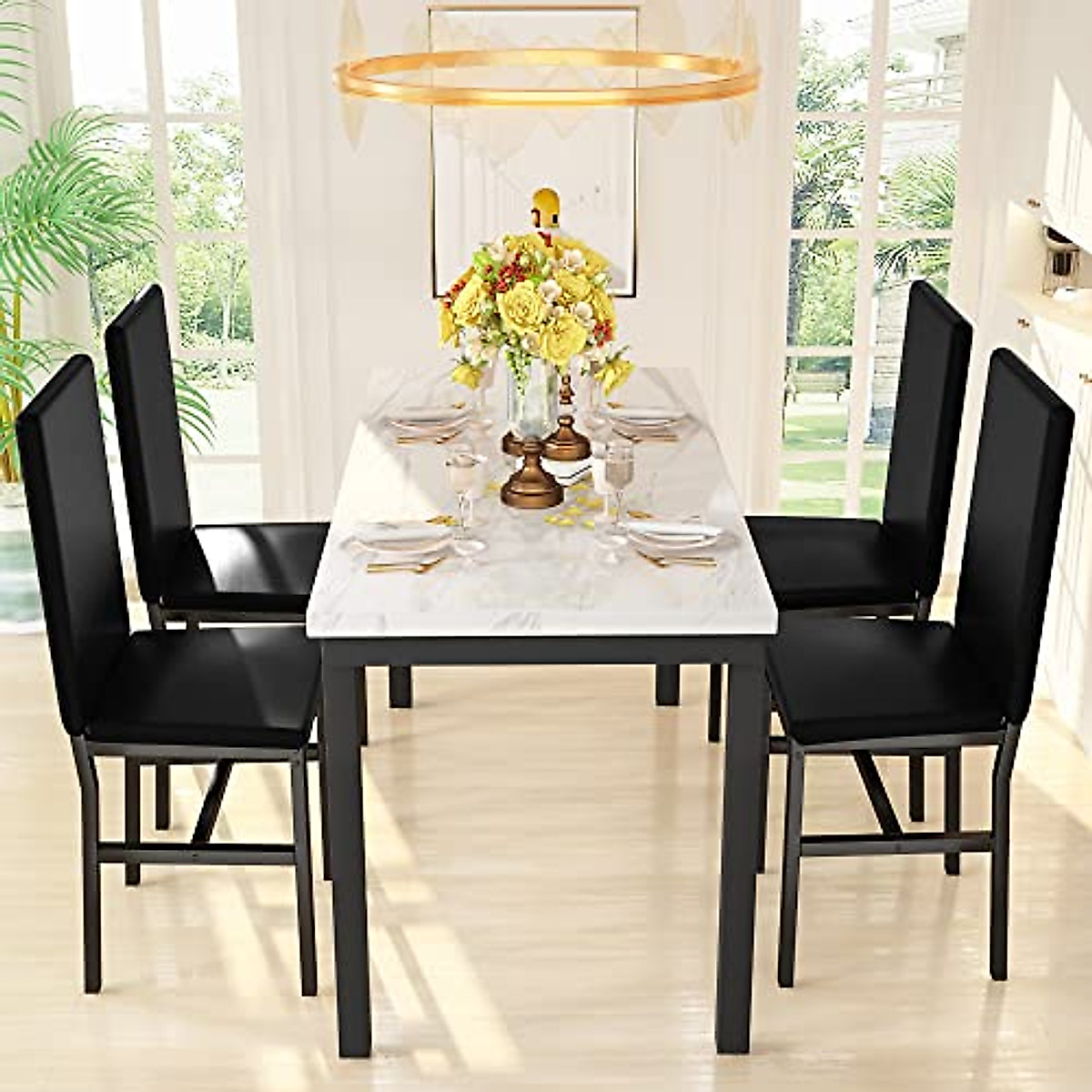 Hooseng Dining Table Set for 4- Space Saving Kitchen Table and Chairs for 4, Modern Style Faux Marble Tabletop & 4 PU Leather Chairs, Perfect for Dining Room,Breakfast Corner Small Spaces,Brown&White