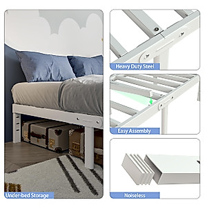 KZZLOL White Bed Frame Queen Size 16 Inch, Metal Queen Bed Frame No Box Spring Needed, Heavy Duty Steel Support 3500 LBS, DIY Headboard, Noiseless, Round Corner Legs, Storage Space, Easy Assembly