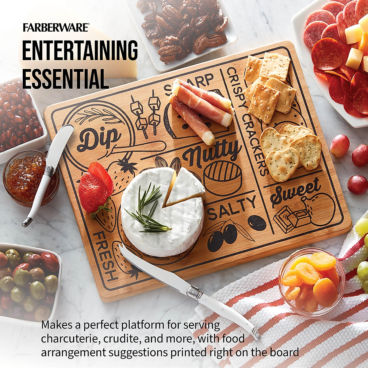 Farberware Charcuterie Board with Recessed Handles, Reversible Kitchen Cutting Board for Entertaining and Meal Prep, Decorative Wood Cheese Board, 11-inch x 14-Inch, Bamboo