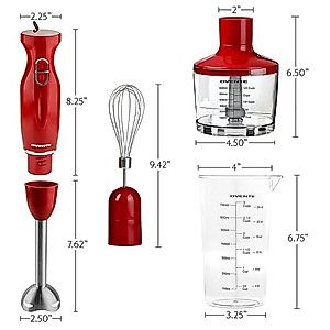 OVENTE Immersion Electric Hand Blender 300 Watt Power 2 Mix Speed with Stainless Steel Blades, Handheld Stick Mixer Set with Egg Whisk Attachment Mixing Beaker and BPA-Free Food Chopper, Red HS565R