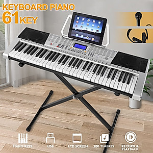 MUSTAR 61 Key Piano Keyboard, MEKS-400 Electric Piano Keyboard with Lighted Up Keys, Learning Keyboards Piano for Beginners, Piano Stand, LCD Screen, Headphones, Microphone, Kids Birthday Gifts