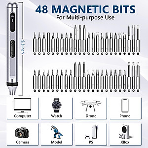 GuDoQi Precision Screwdriver Set 52 in 1, Cordless Rechargeable Mini Electric Screwdriver, LED Display, 48 Magnetic Bits, Power Screwdriver with 2 Lights, Portable Repair Tool Kit for Phone, Laptops