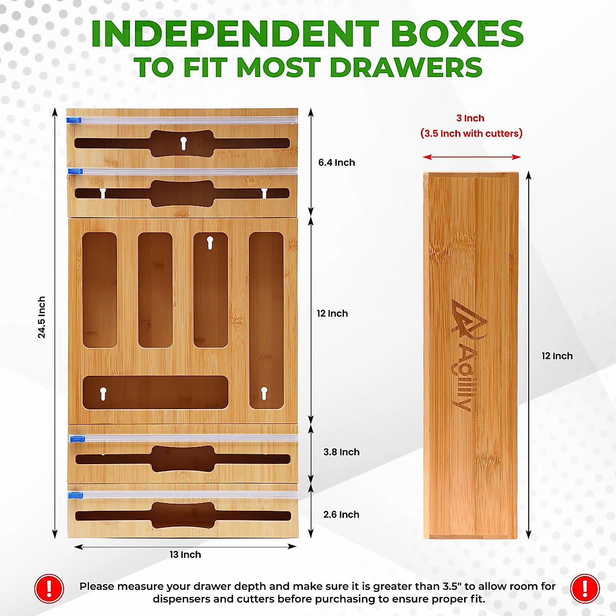 AGILILY 9 IN 1 Bamboo Storage Bag Organizer for Kitchen Drawer, Plastic Wrap and Foil Dispenser with Cutter, Compatible with Gallon, Quart, Sandwich and Snack Variety Size Bags (Natural, 3.5” High)