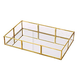 Vintage Glass Tray Countertop Holder Dresser Cosmetic Organizer Bathroom Dish Display Decorative Centerpiece Desktop Storage Organizer for Vanity Perfume Jewelry Trinket, Rectangle