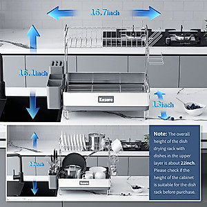 Kitsure 2-Tier Dish Rack, Large Capacity, Stainless Steel, Dish Drying Rack with Drainboard, Multifunctional Kitchen Dish Rack for Dishware