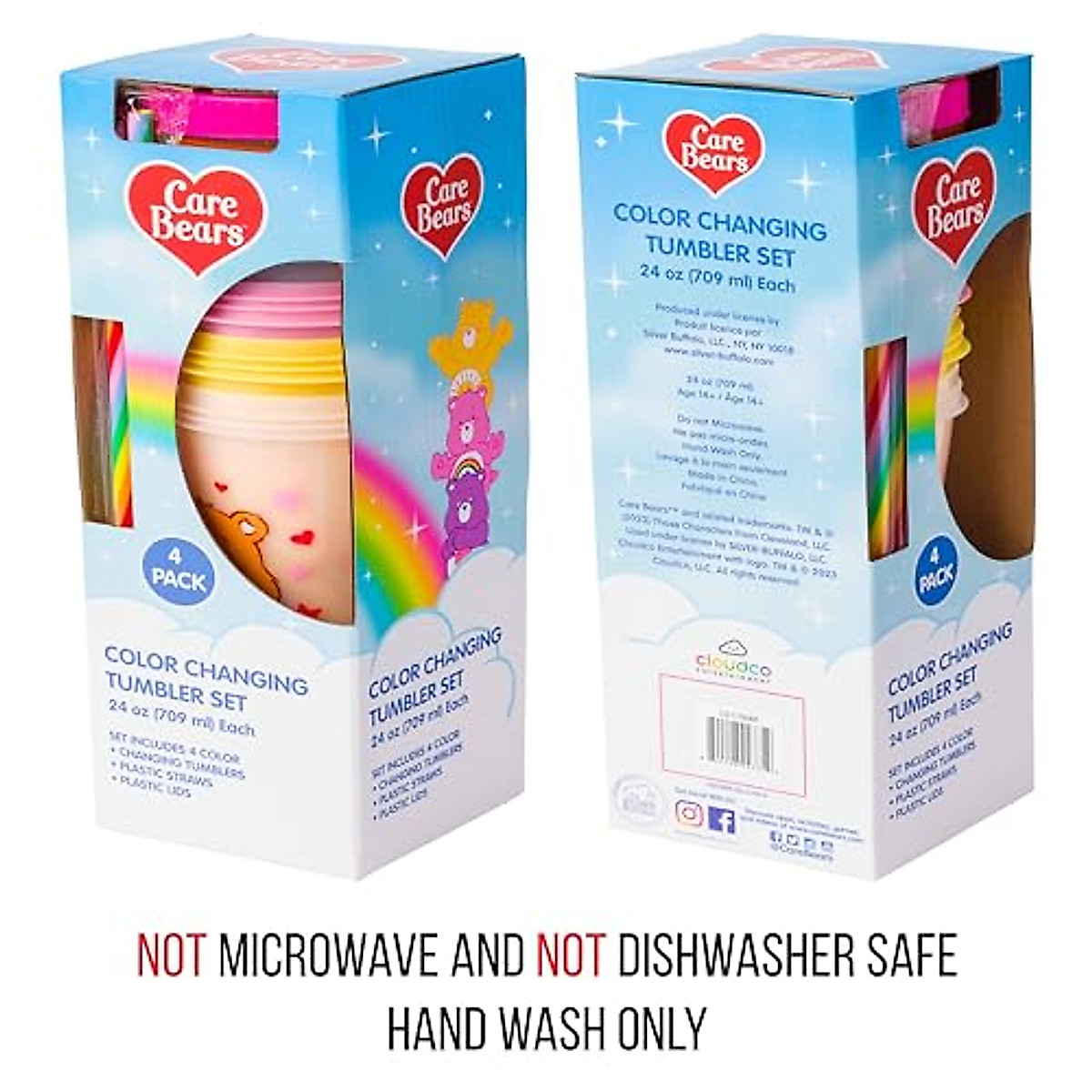 Silver Buffalo Care Bears Hearts and Stars 4 Pack Plastic Color Changing Tumblers with Rainbow Swirl Straws Featuring Tenderheart, Funshine, Cheer, and Grumpy Bear 24 Ounces