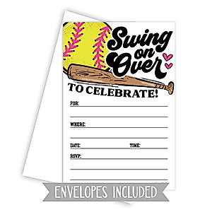 Softball Invitations With Envelopes (20 Count) - Softball Player Birthday or Team Event Invites - Swing On Over