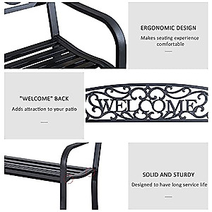 Outsunny 50" 2-Person Garden Bench Loveseat with Cast Iron Decorative Welcome Vines, Outdoor Patio Bench for Backyard, Porch, Entryway