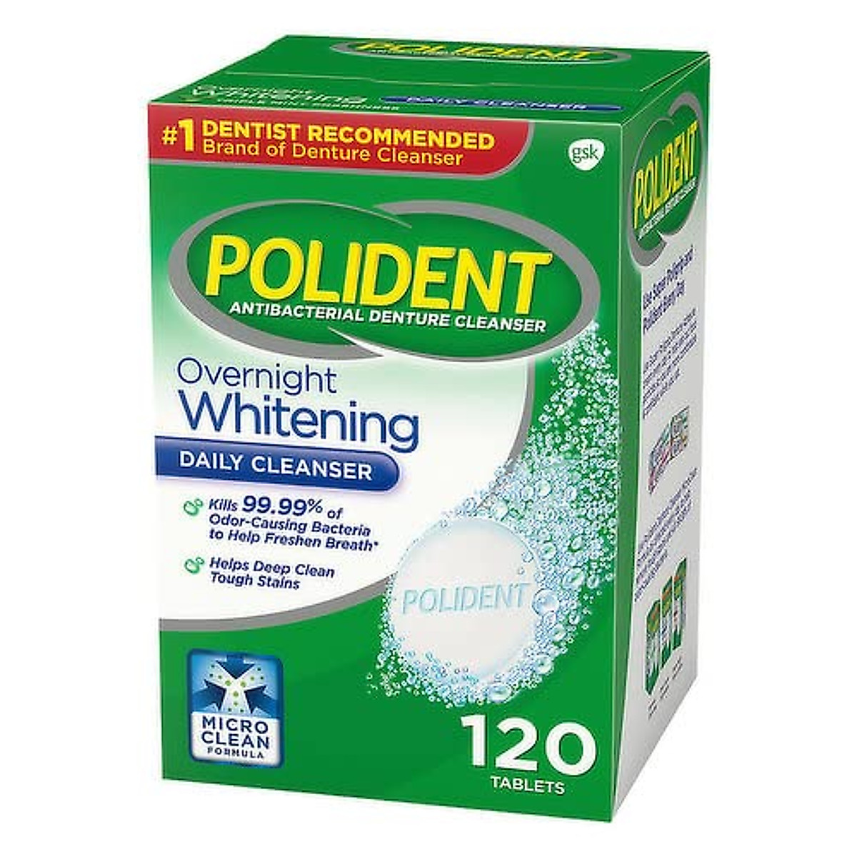 Polident Overnight Whitening Denture Cleaner Tablets 120 Tablets Bundle with Dentu-Care Denture Case with Lid and Dentu-Care Denture Brush for Maintaining Good Clean Full/Partial Dentures