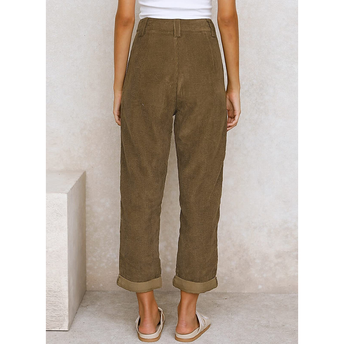 Acelitt Women's Corduroy Pants Trousers High Waisted 2024 Casual Trendy Comfy Fall Straight Leg Cropped Pants Brown Large
