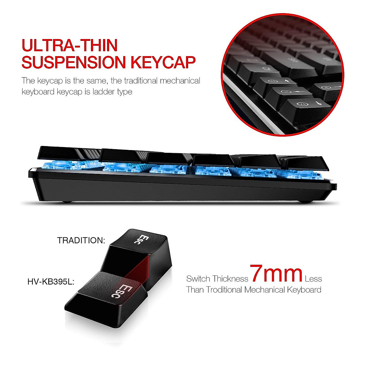 havit Mechanical Keyboard RGB Backlit Wired Gaming Keyboard Extra-Thin & Light, Kailh Latest Low Profile Blue Switches, 104 Keys N-Key Rollover HV-KB395L (Black)
