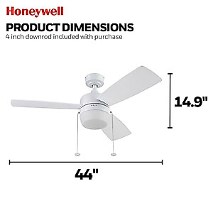 Honeywell Ceiling Fans Barcadero Modern 44 Inch Ceiling Fan with Light, Pull Chain LED Indoor Fan with 3 Blades, White Maple and White Blade Finish Options, Bright White (51475-01)