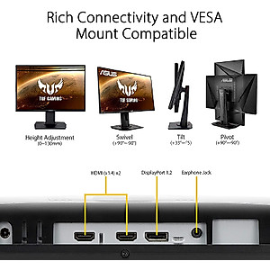 ASUS TUF Gaming 27” 1080P Monitor (VG279QR) - Full HD, IPS, 165Hz (Supports 144Hz), 1ms, Low Motion Blur, G-SYNC Compatible, Shadow Boost, VESA Mountable, DisplayPort, HDMI, Height Adjustable, Black