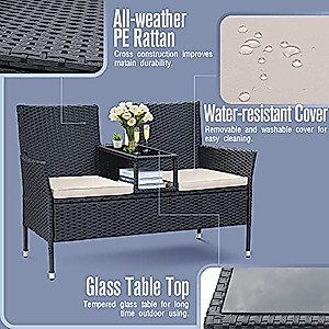 Devoko Outdoor Patio Loveseat Modern Rattan Patio Conversation Furniture Set with Cushions & Built-in Coffee Table Porch Furniture for Garden Lawn Backyard (Beige)