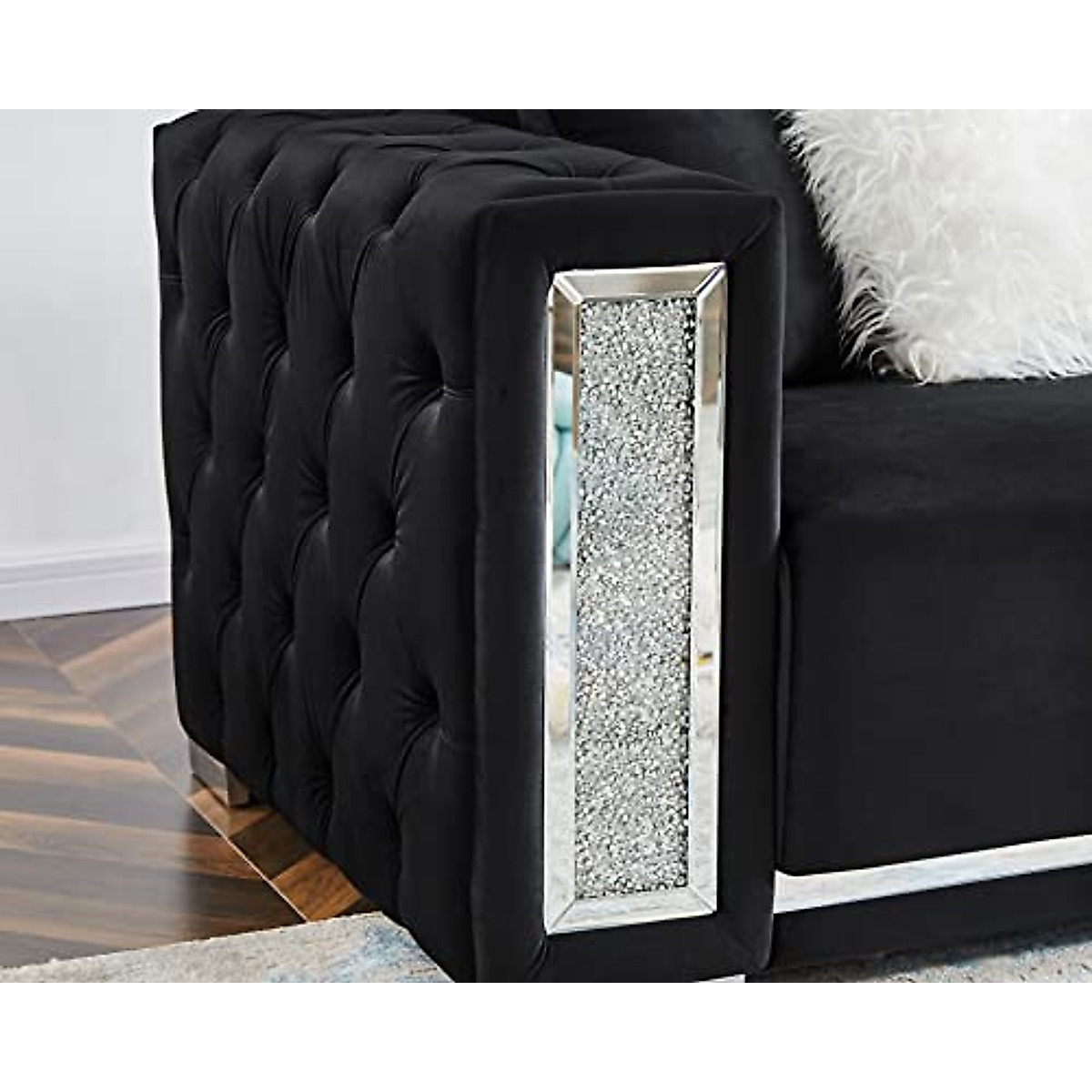 Melpomene Black Velvet Loveseat Sofa,Handmade Button Tufted Square Arm withFaux Diamonds, Mirrored Trim,Silver Metal Legs