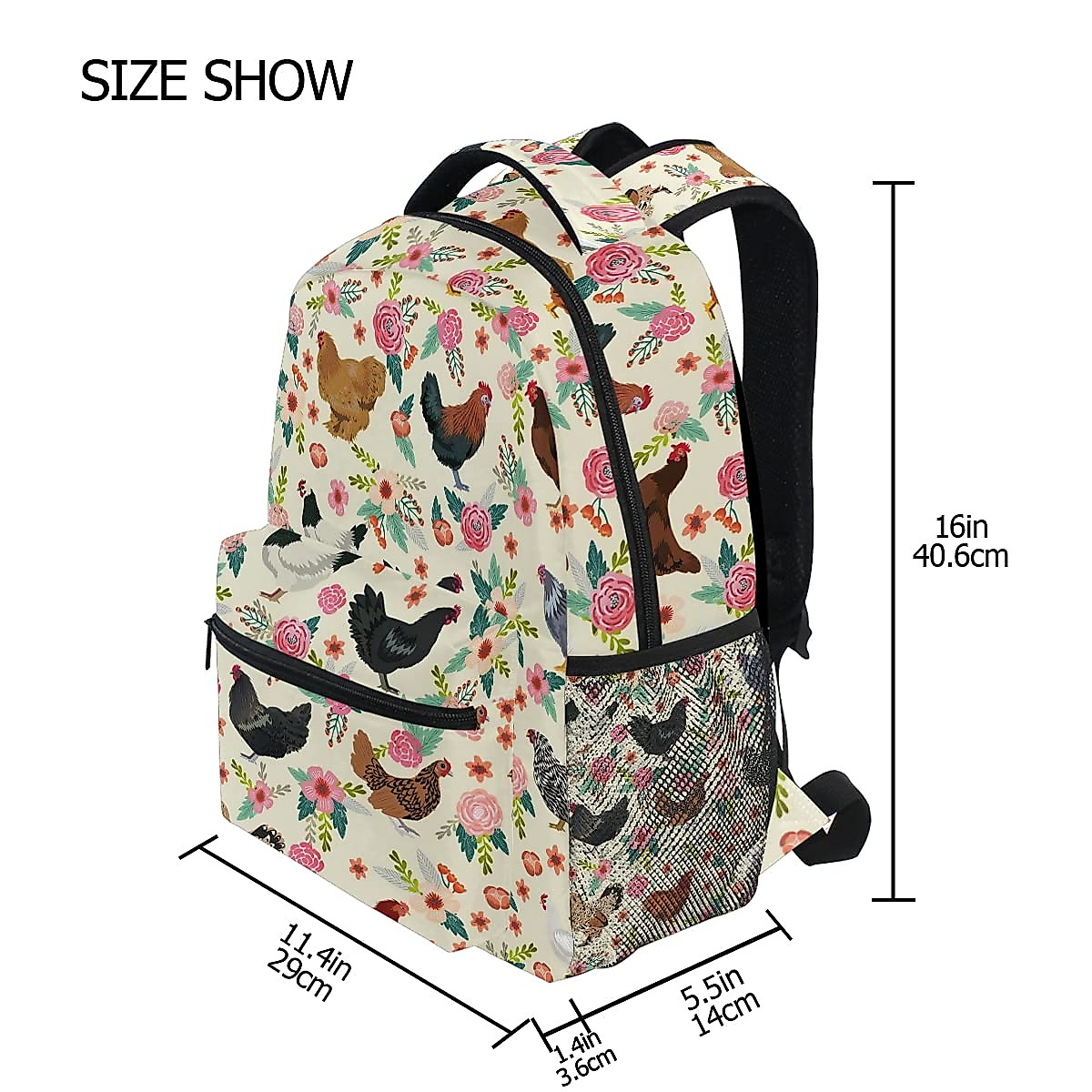 CHIFIGNO Chickens and Floral Lightweight Printed Bookbags School Backpacks for Teens and Girls