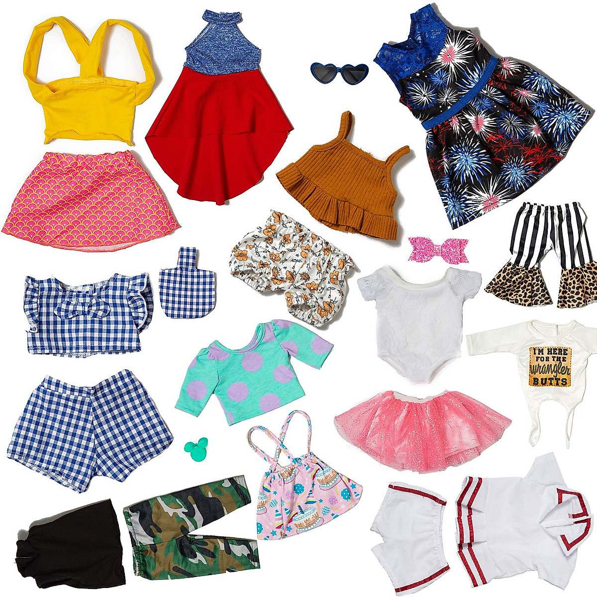 XFEYUE 22 Pcs American 18 inch Doll Clothes Gifts and Accessories, Fit 18 inch Doll - Including 10 Sets of Various Styles Doll Clothes, Hair Clips and Sunglasses Handbags