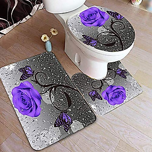 4 Pcs Rose Flower Shower Curtain Sets with Non-Slip Rugs, Toilet Lid Cover and Bath Mat, Purple Rose Bathroom Curtain with 12 Hooks