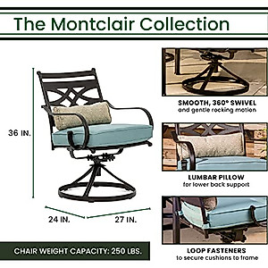 Hanover Montclair 9-Piece All-Weather Outdoor Patio Dining Set, 8 Swivel Rocker Chairs with Comfortable Seat and Lumbar Cushions, 84"x42" Stamped Rectangle Table, Umbrella, and Umbrella Base
