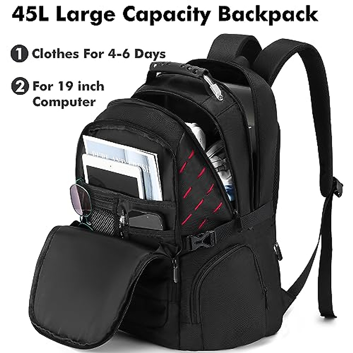 Lekakii Travel Laptop Backpack for Men, Extra Large Waterproof Backpack for Traveling On Airplane, 17.3 Inch Business Computer Bag Black Backpack 45L