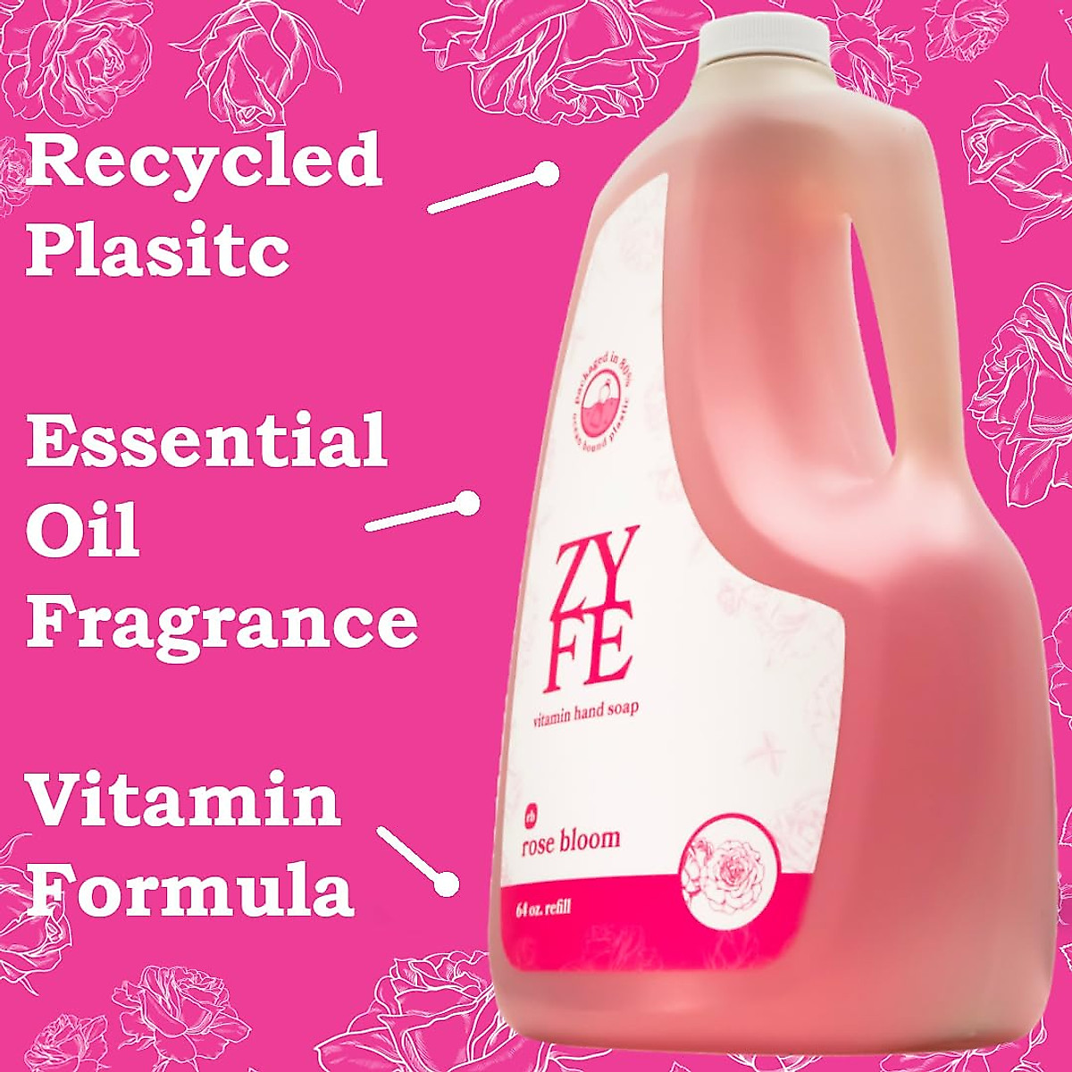 ZYFE Vitamin Hand Soap Refill - Liquid Hand Soap - Natural Plant Derived Moisturizing Handsoap with Essential Oil Fragrance Rose Bloom - Soft Hand Wash for Kitchen & Bathroom - Lush Soft Soap 64oz