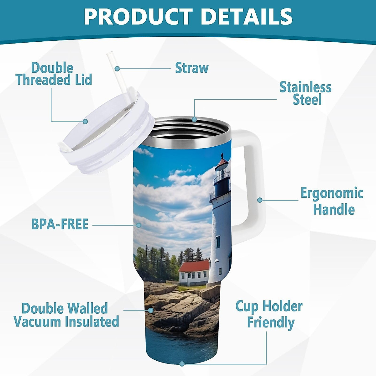 Flradish Lighthouse 30oz Tumbler with Handle and Straw Lid,Leakproof Vacuum Insulated Reusable Stainless Steel Tumbler Travel Mug Fits Cup Holder