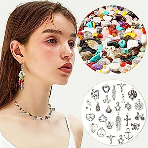 Natural Chip Stones for Bracelet - 400pcs 5mm to 8mm Gemstones Healing Loose Rocks Bead Hole Drilled DIY with 30pcs Silver Charms for Bracelet Necklace Earrings Jewelry Making Craft