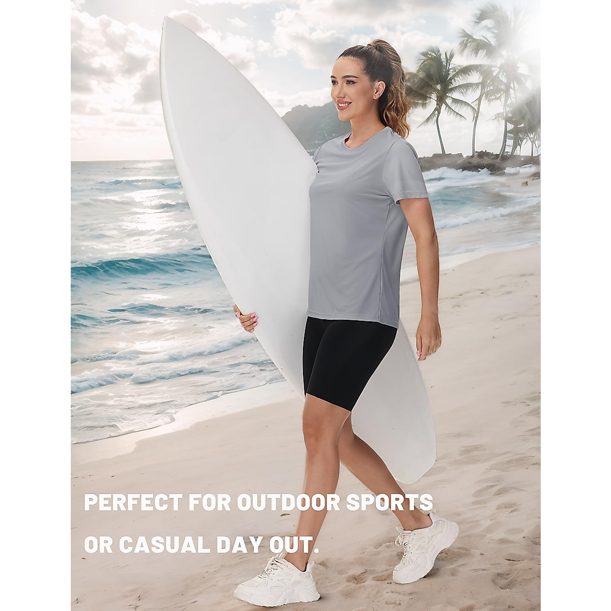 TACVASEN Womens Short Sleeve Shirts Athletic Workout Tops UPF 50+ Rash Guard Running Crew Neck Summer T-Shirts Light Grey M