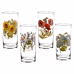 Portmeirion Botanic Garden Highball Glasses | Set of 4 Tall Drinking Glasses | Ideal for Whiskey, Juice, or Cocktails | 15 Oz Whiskey Glasses with Assorted Motifs