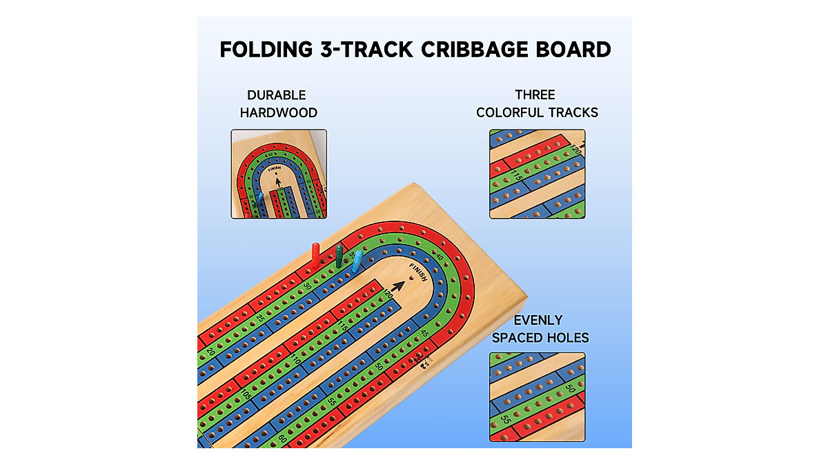 GSE Wooden 3-Track Folding Cribbage Board - Travel Friendly