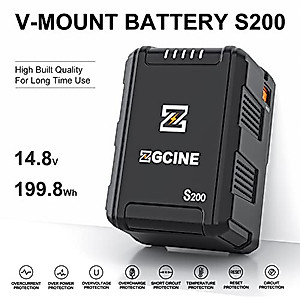ZGCINE S200 V-Mount Battery 199Wh 14.8V with Dual DC/USB-C/D-TAP Ports for Video Camera Camcorder Broadcast,V-Lock Battery Compatible with BMPCC 4K 6K Pro/ZCAM/Canon EOS R5C/Sony FX3