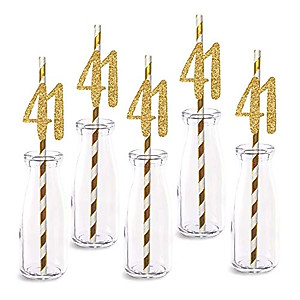 41st Birthday Paper Straw Decor, 24-Pack Real Gold Glitter Cut-Out Numbers Happy 41 Years Party Decorative Straws