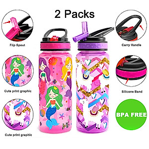 Home Tune 23oz Kids Water Drinking Bottle 2 Pack - BPA Free, Flip Straw Lid Cap, Lightweight, Carry Handle, Leak-Proof Water Bottle with Cute Design For Girls & Boys - Mermaid & Llama
