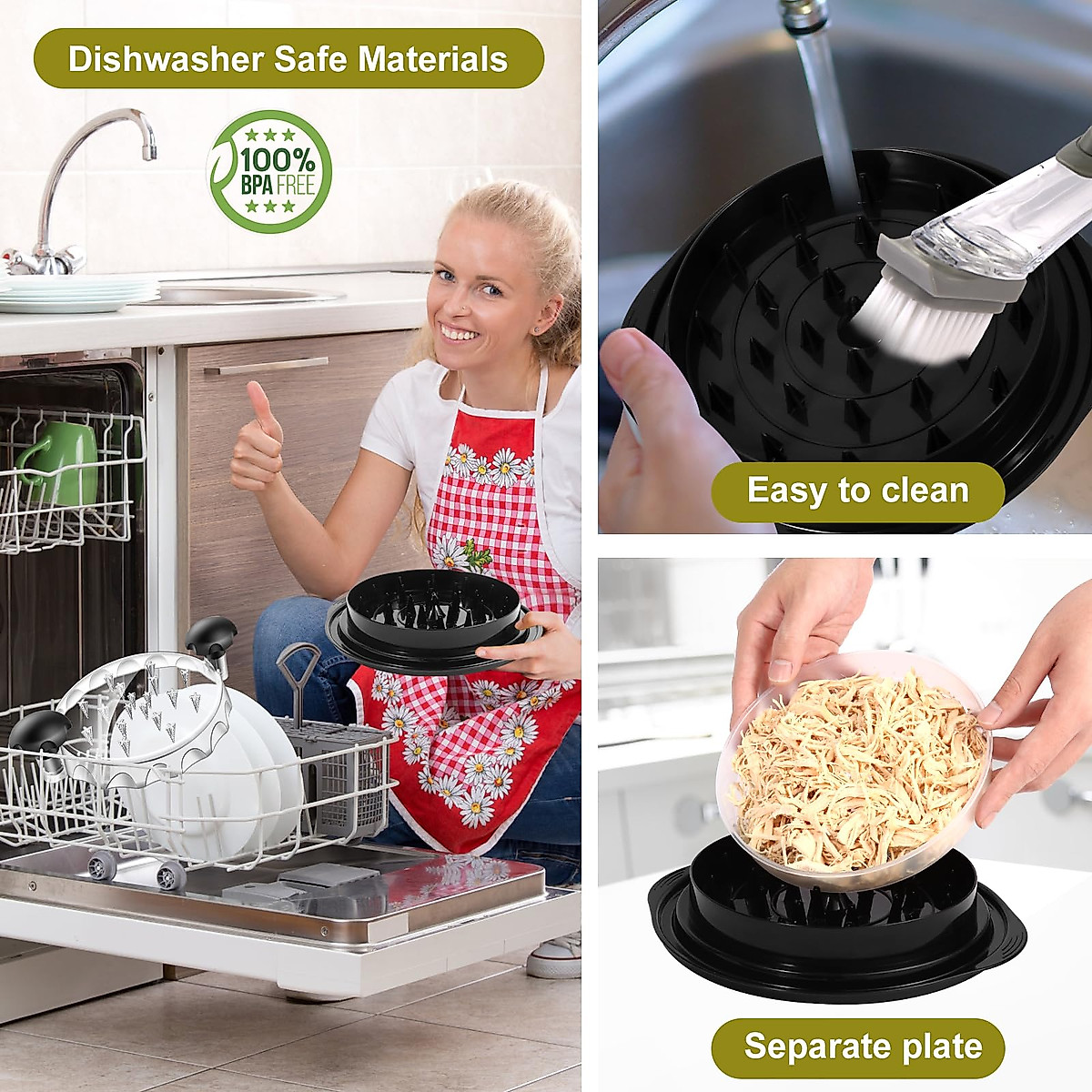 Chicken Shredder – Separate Plate, Automatic Soap Dispenser Cleaning Brush, Anti-Slip – Large 9.8” Chicken Breast Meat Shredder, Chicken Shredder Tool Twist, Dishwasher Safe, BPA Free