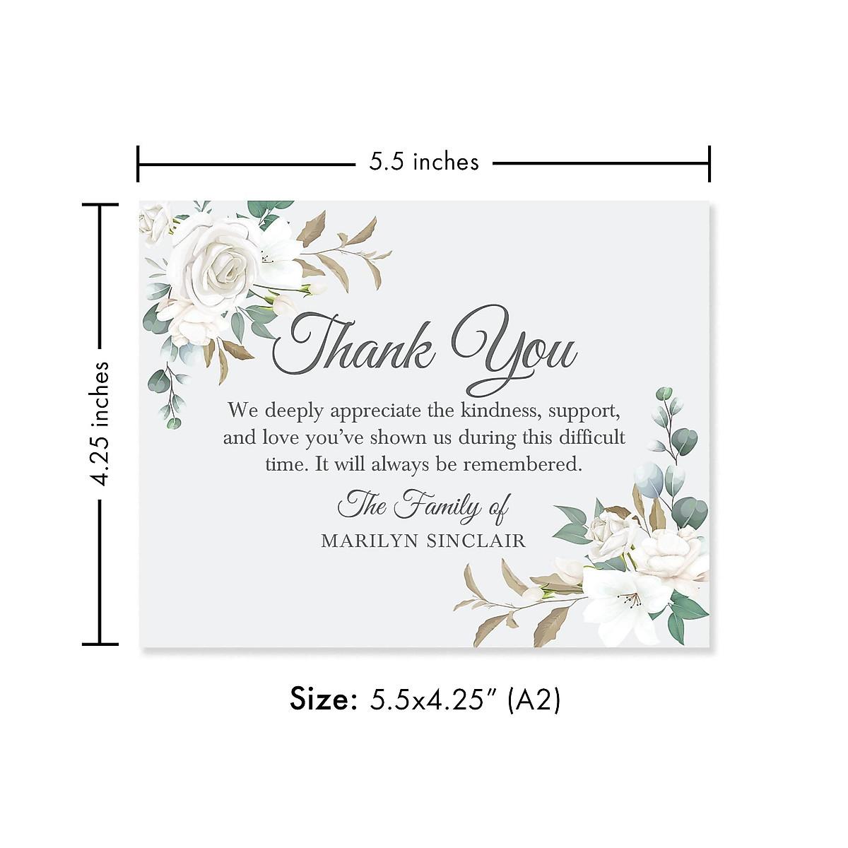 Hello Love Goods White Floral Sympathy Thank You Cards, Funeral Thank You Cards, Personalized Bereavement Notes with Envelopes, 5.5x4.25 Flat Notecards