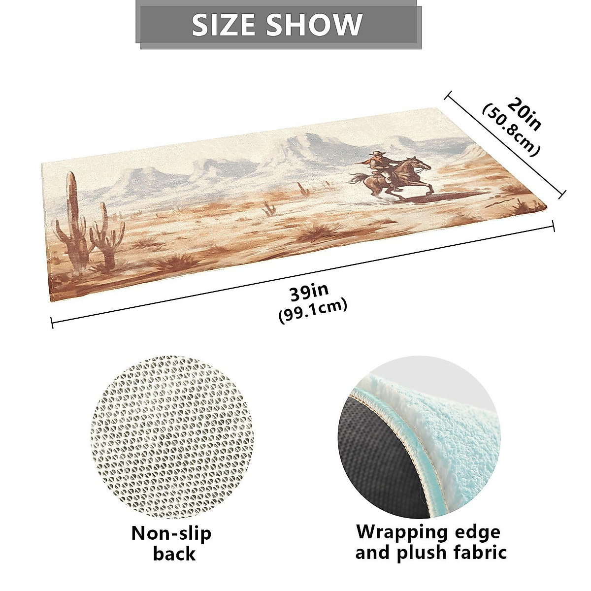 YETTASBIN Western Desert Cowboy Area Rug, Anti Fatigue Large Floor Mat, Soft Absorbent Washable Plush Carpet with Non-Slip Rubber Back for Entryway, Bedroom, Sink, Kitchen, Bathroom, 39 x 20 Inch
