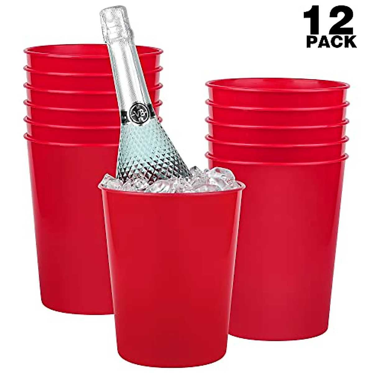 12 Pack Ice Buckets for Parties, Plastic Wine Cooler for Champagne, Beverage, Soda and Beer, Classic Wine Bottle Chiller for Wedding, Versatile Buckets as Vase, Flower Pot or Trash Bin, Red
