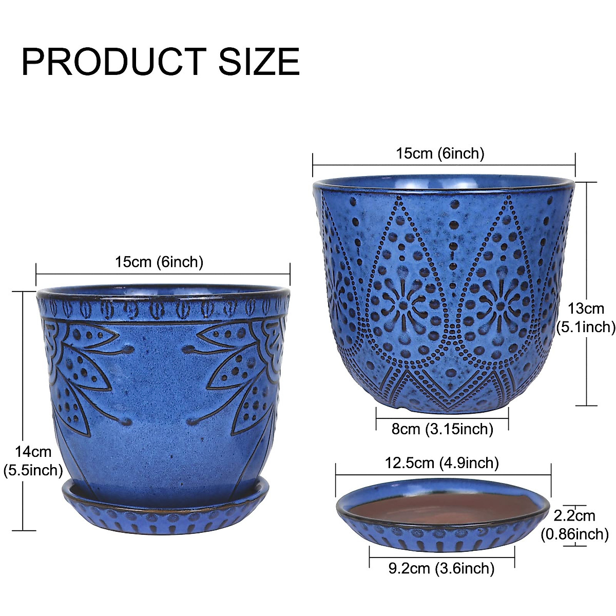 Gepege 6 Inch Beaded Ceramic Planter Set of 2 with Drainage Hole and Saucer for Plants, Indoor-Outdoor Large Round Succulent Orchid Flower Pot (Blue, for Inner-pots not Larger Than 5 Inch)