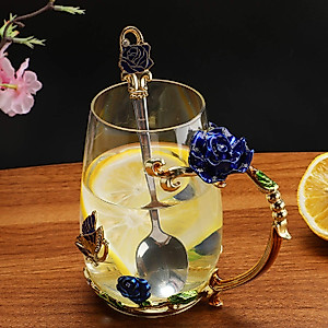 Luka Tech Enamels Butterfly flower Lead-free Glass Coffee Mugs Tea Cup with Steel Spoon, personalised Gifts For Women Wife Mom Friends Birthday Mothers Valentines Day Wedding (Blue-Tall)