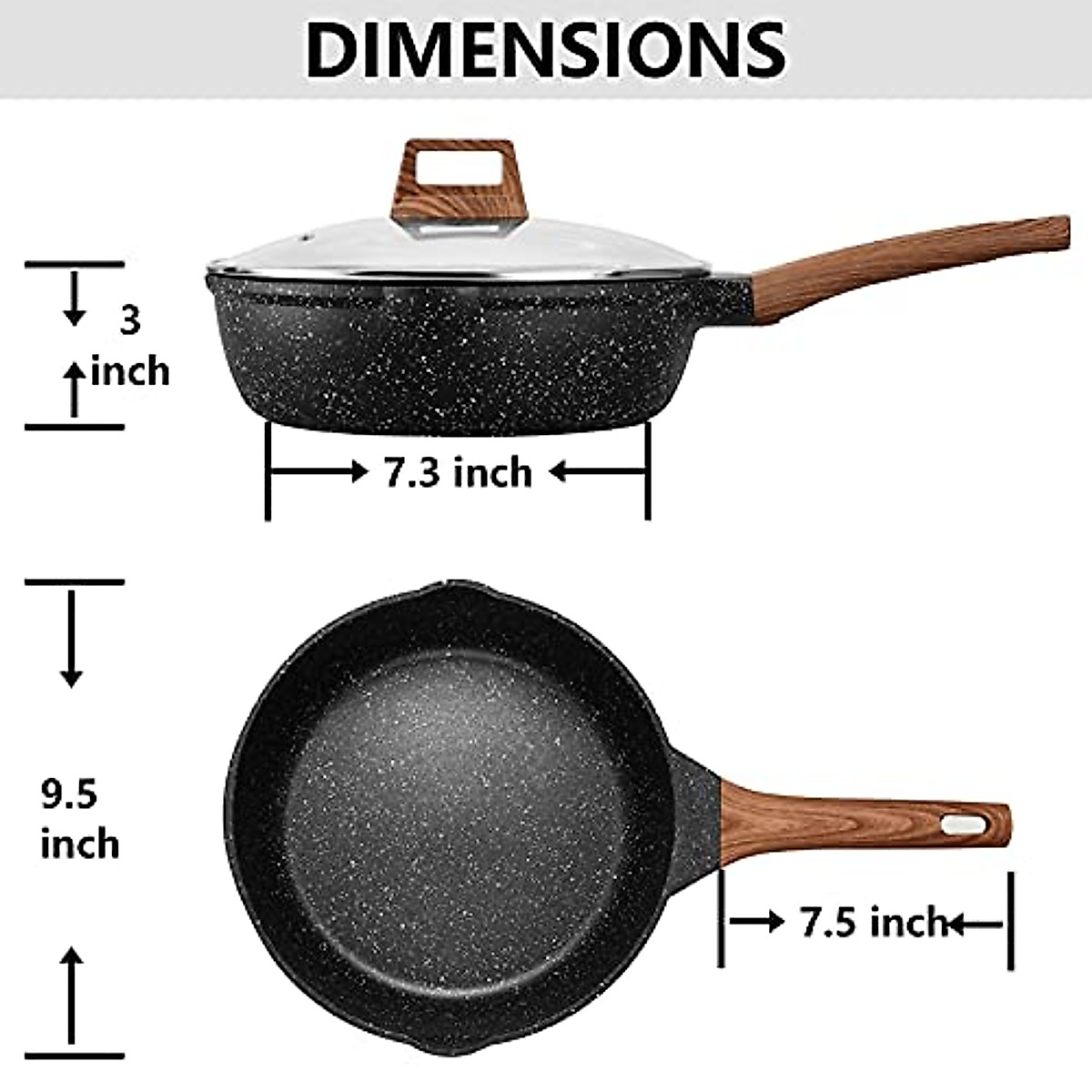 ESLITE LIFE Nonstick Deep Frying Pan with Lid, 3 Quart/9.5 Inch Granite Coating Sauté Pan Compatible with All Stovetops (Gas, Electric & Induction), PFOA Free
