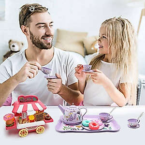 44PCS Tea Set for Little Girls, Kids Pretend Toys Playset, Teapot Dishes Dessert Mini Ice Cream Cart & Carrying Case, Princess Tea Time Kitchen Pretend Play Toys Gift for Toddlers Girls Age 3-8
