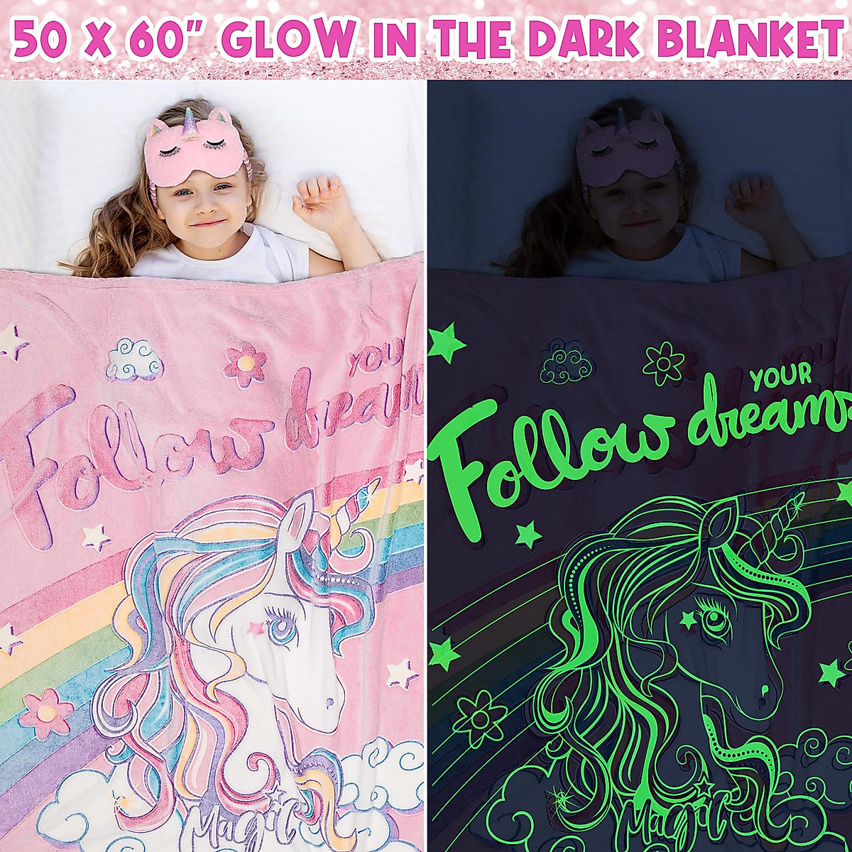 Trabuono Birthday Gift for Girls Age 6-8, Unicorn Toys for Girl Basket for 4 5 6 7 8 9 10 11 12 Year Old Kids Tween with Glow in The Dark Blanket Crossbody Bag Purse Cup Jewelry Box