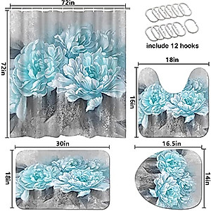 DuoBaorom 4 Pieces Set Teal Blue Flower Shower Curtain Set Elegant Floral Picture Print on Non-Slip Rugs Toilet Lid Cover Bath Mat and Bathroom Curtain with 12 Hooks 72x72inch