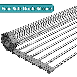 JASIWAY Roll Up Dish Drying Rack, Over The Sink Dish Drying Rack, Foldable, Portable,304 Stainless Steel Dish Drainers for Kitchen Inside Sink Counter (Sliver, 17.5" x12“)