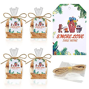 WANGDEFA 100 Pcs Smore Bags Smore Love Bags S'Mores Clear Gusseted Poly Favor Bags Woodland Smores Bag with Favor Tag for Smores Baby Shower Camping Party