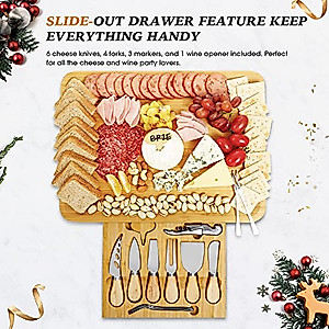 IPOW Cheese Board and Knife Set, Premium Bamboo Charcuterie Cheese Platter Cutting Board for Cheese Lovers Family Gatherings, Gifts for Mom, for Wedding Registry Housewarming Anniversary and Birthday