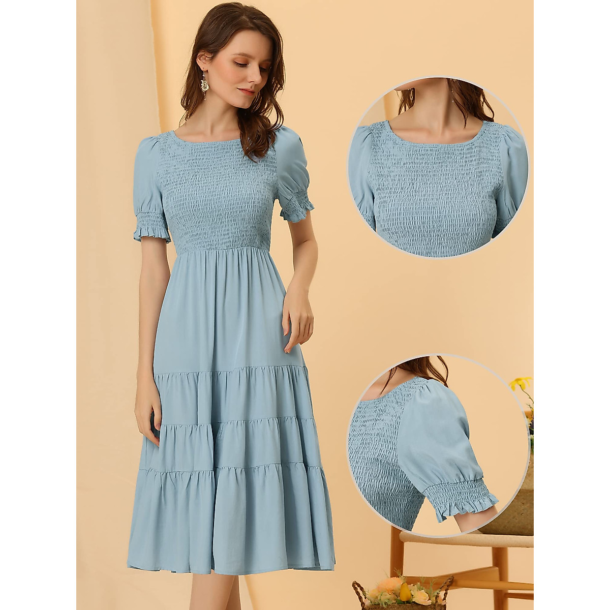 Allegra K Peasant Smocked Dress for Women's Short Sleeve Midi Summer Casual Tiered A-Line Dress Medium Blue