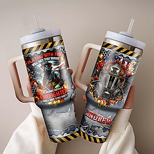 WAZONE Personalized Firefighter 40oz Tumbler with Handle and Straw Lid Custom Name Stainless Steel Insulated Cup American Flag Travel Coffee Mug Gifts For Firefighters Fireman Husband
